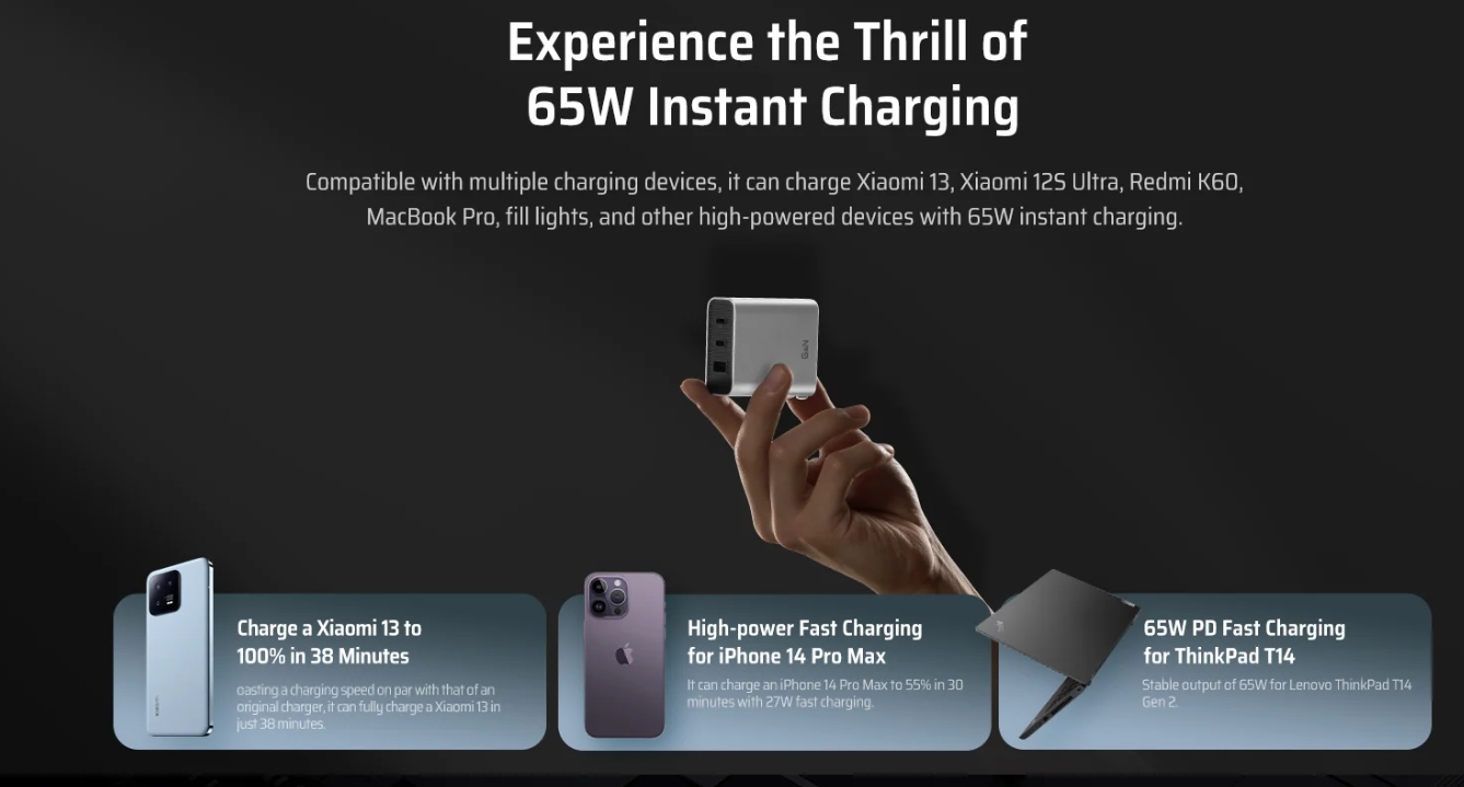 CUKTECH 65W Multi-ports GaN Charger (2C1A)-PD3.0